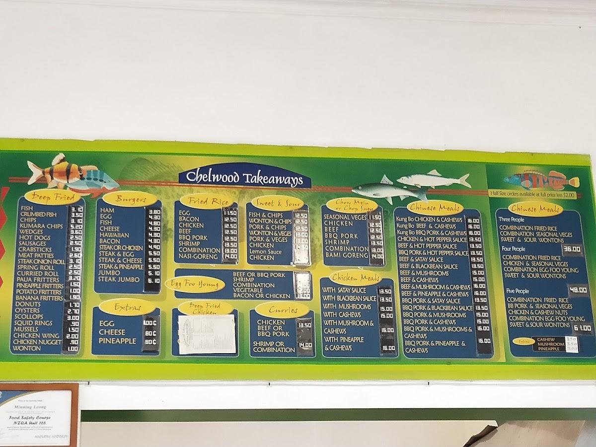 Menu at Chelwood Takeaways restaurant, Palmerston North