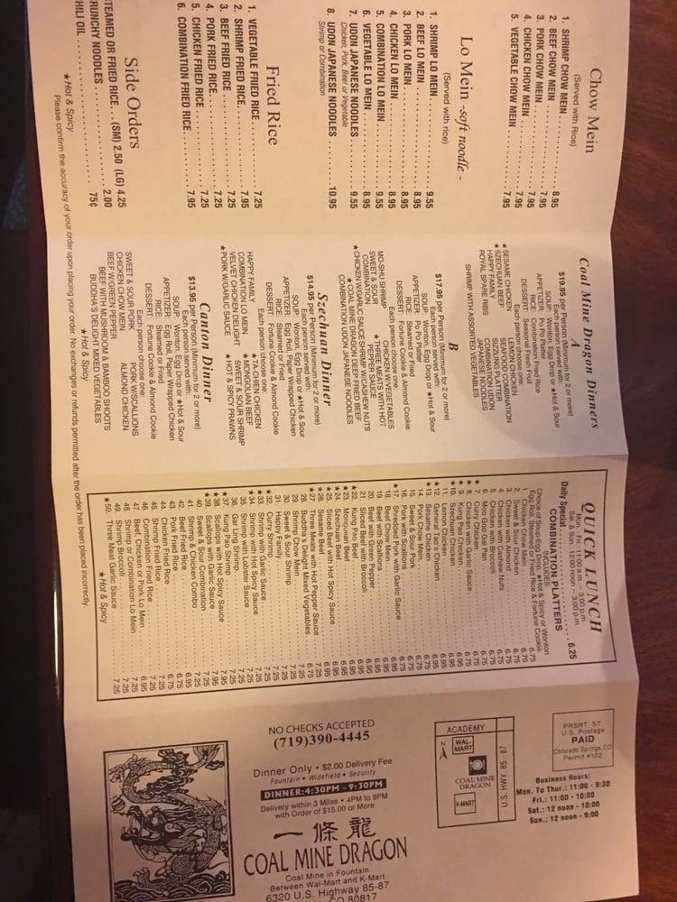 Menu at Coal Mine Dragon Chinese restaurant, Fountain