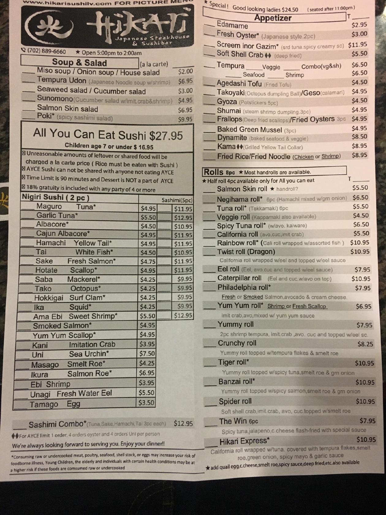 Menu at Hikari Sushi & Teppanyaki restaurant, Las Vegas