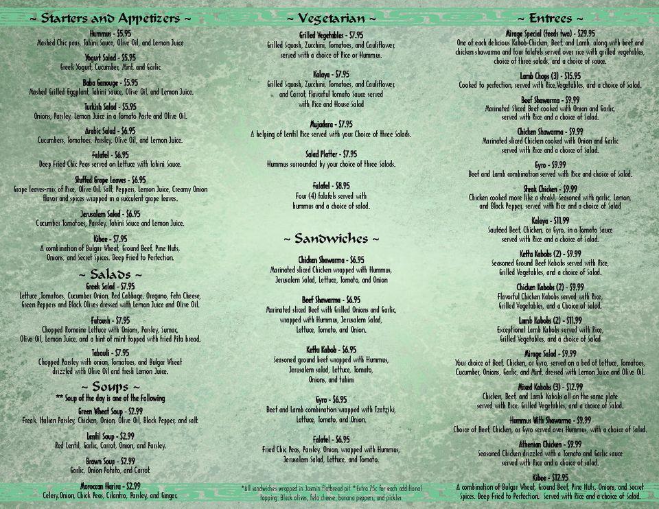 Menu at Mirage Mediterranean restaurant, Louisville