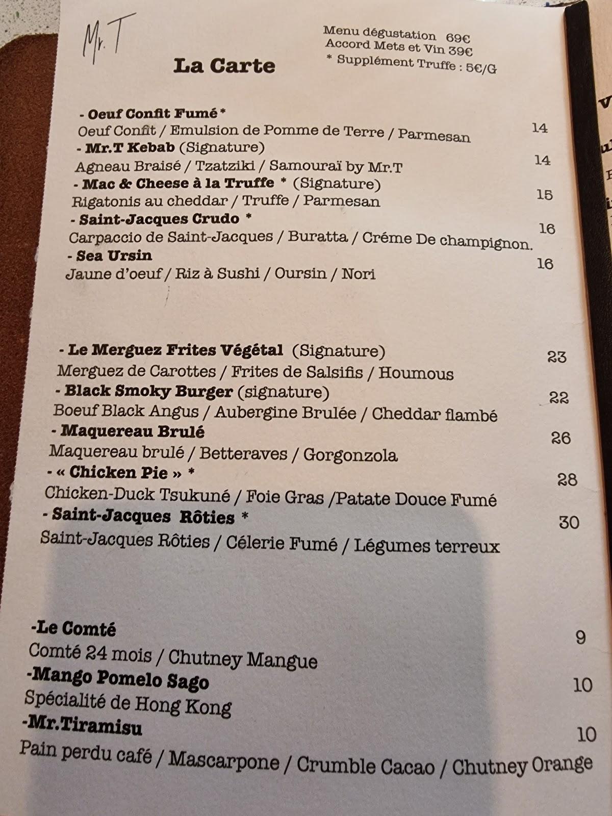 Menu at Mr.T pub & bar, Paris