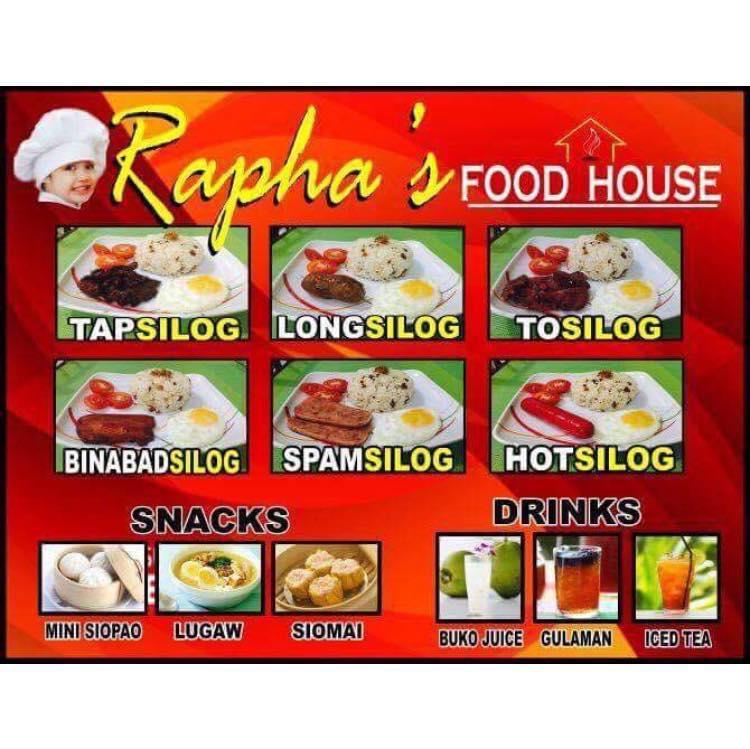 Menu at Rapha's Food House restaurant, Cabanatuan City