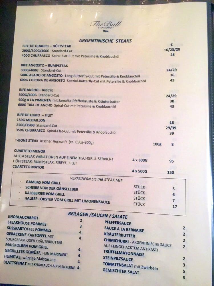 Menu at The Bull Steak Expert steakhouse, Düsseldorf