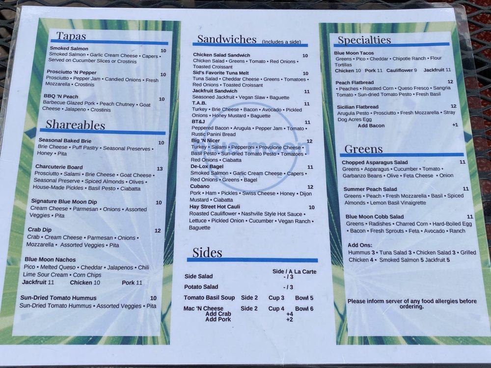 Menu at Blue Moon Cafe, Fayetteville