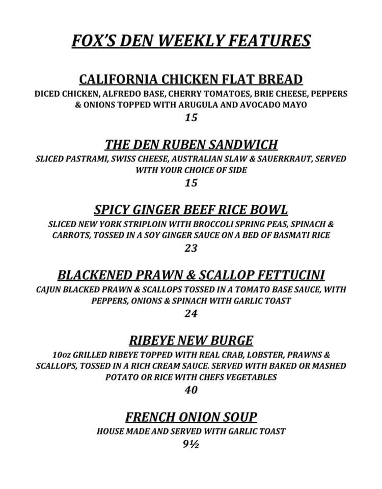 Menu at Fox's Den Bar & Grill, Williams Lake