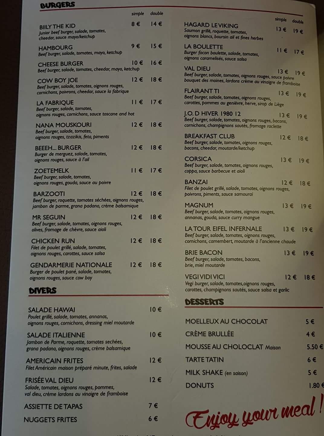 Menu au La Fabrique, Verviers, Bd des Gérardchamps 176