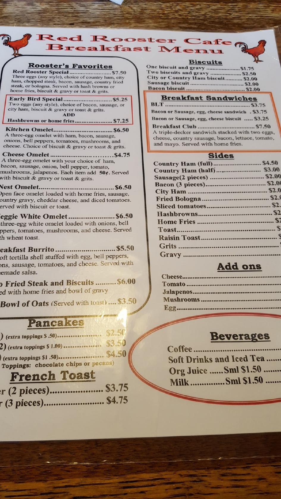 Menu at Red Rooster Cafe, Hendersonville, 801 W Main St