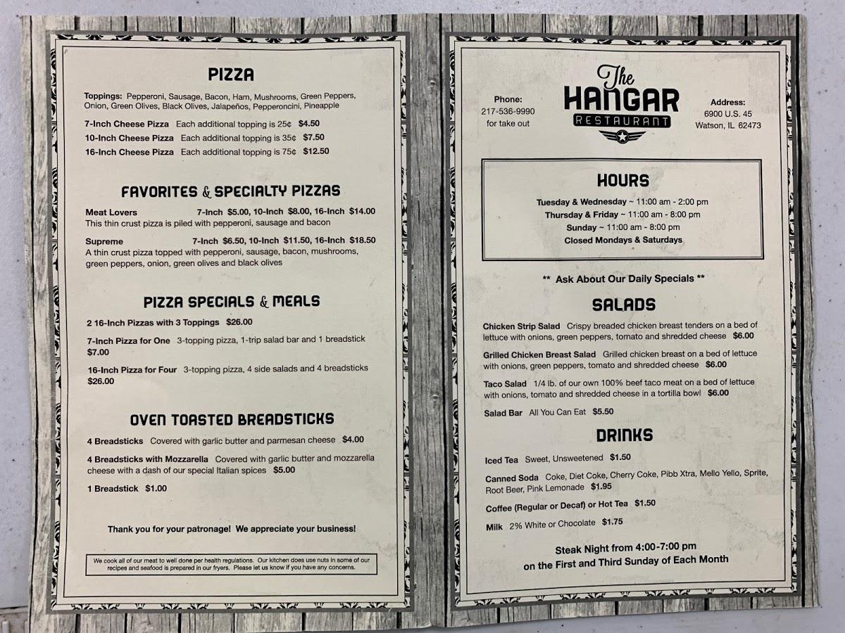 Menu at The Hangar Restaurant, Watson, N US Highway 45