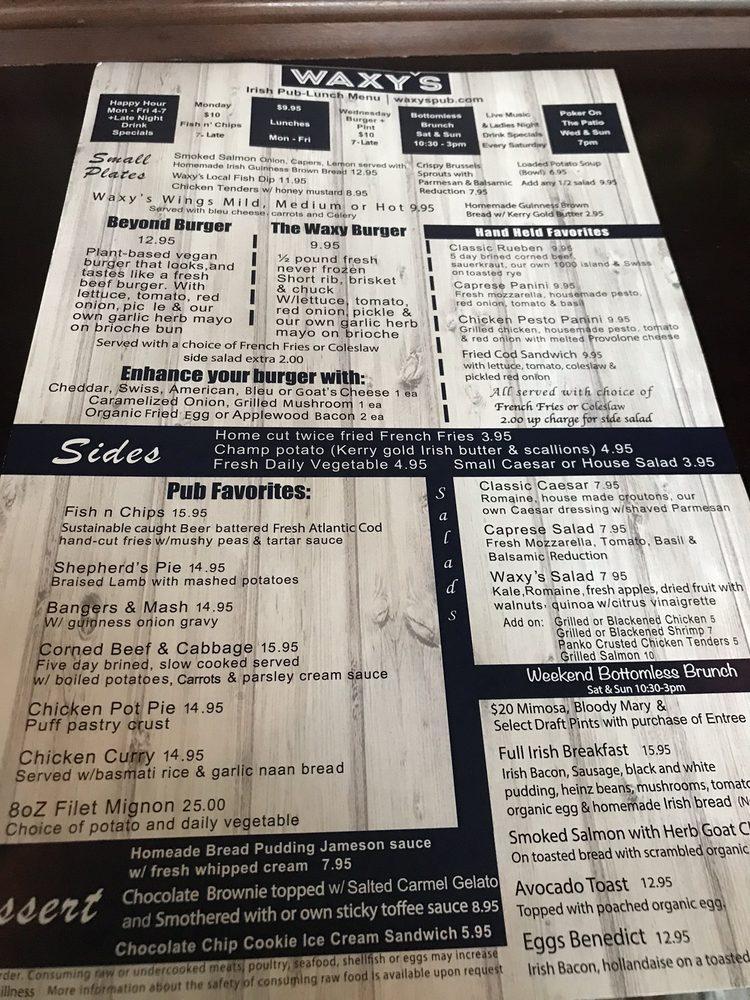Menu at Waxy's Irish Pub, Fort Lauderdale