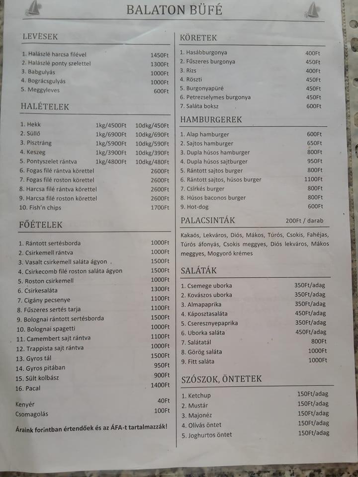 Menu at Balaton büfé restaurant, Alsóörs