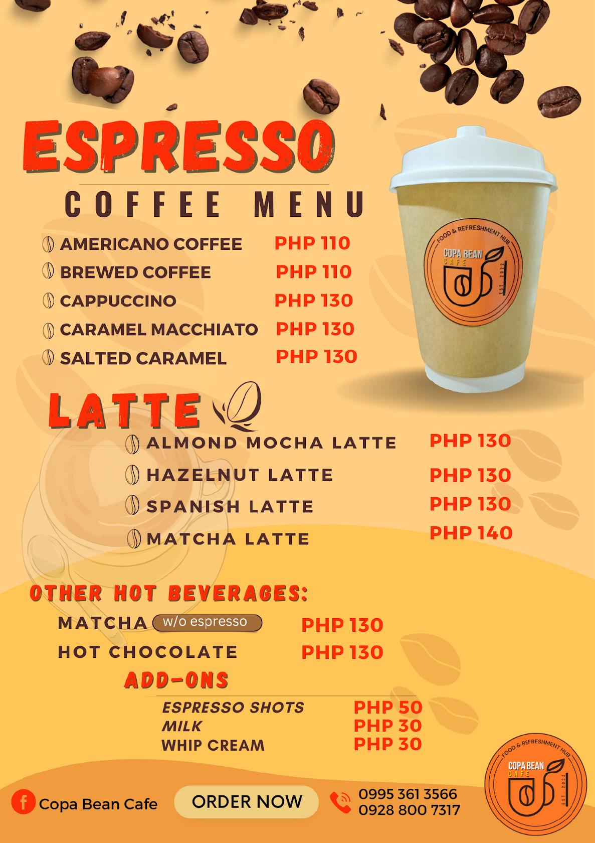 Menu at COPA BEAN CAFE, Cabuyao