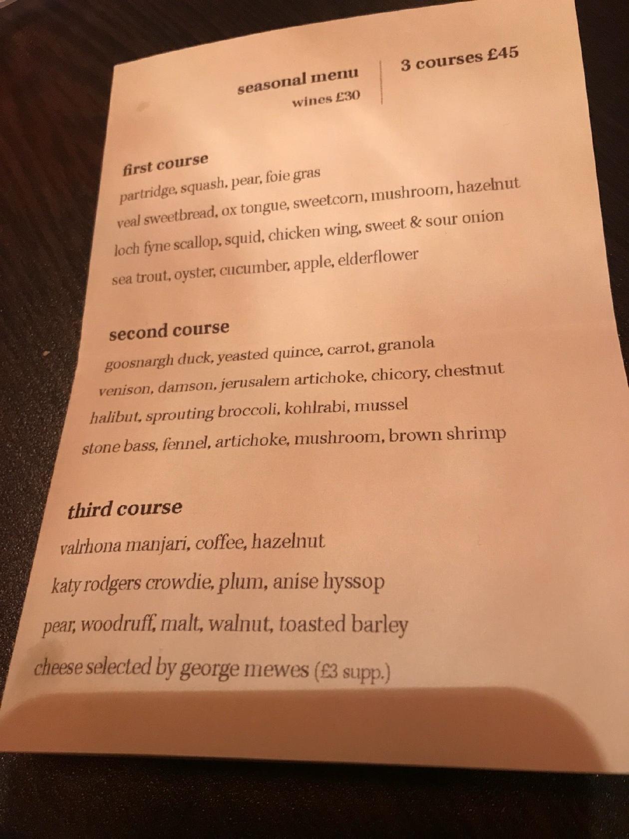 Menu at Cail Bruich restaurant, Glasgow
