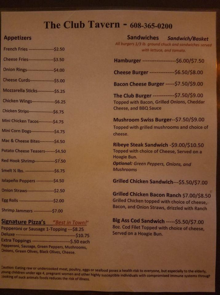 Menu at The Club Tavern, Beloit, Porter Ave