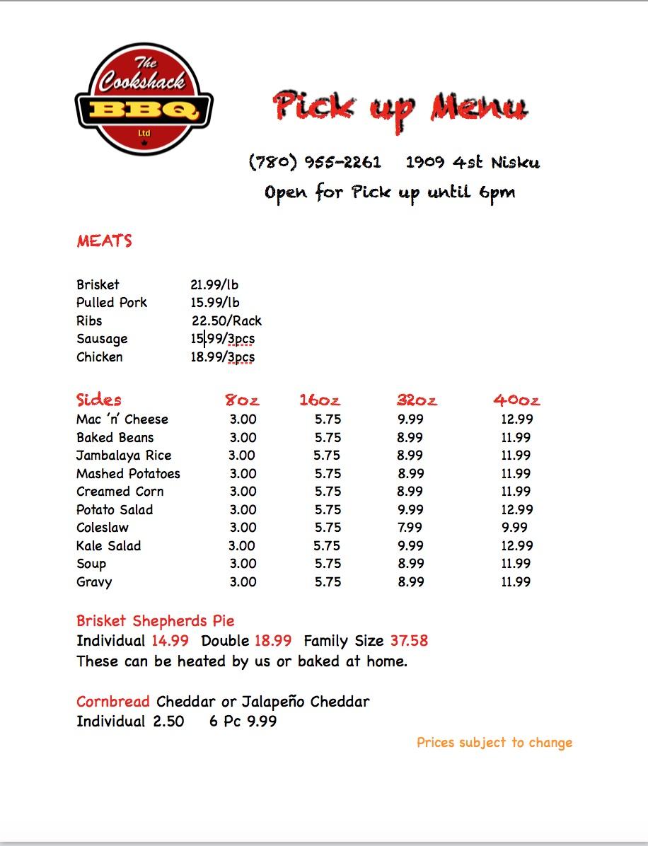 Menu at Cookshack BBQ, Nisku