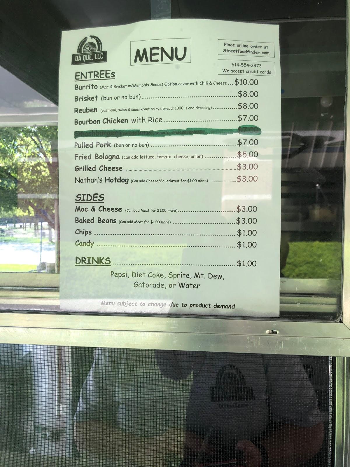 Menu at Da Que BBQ, Amanda