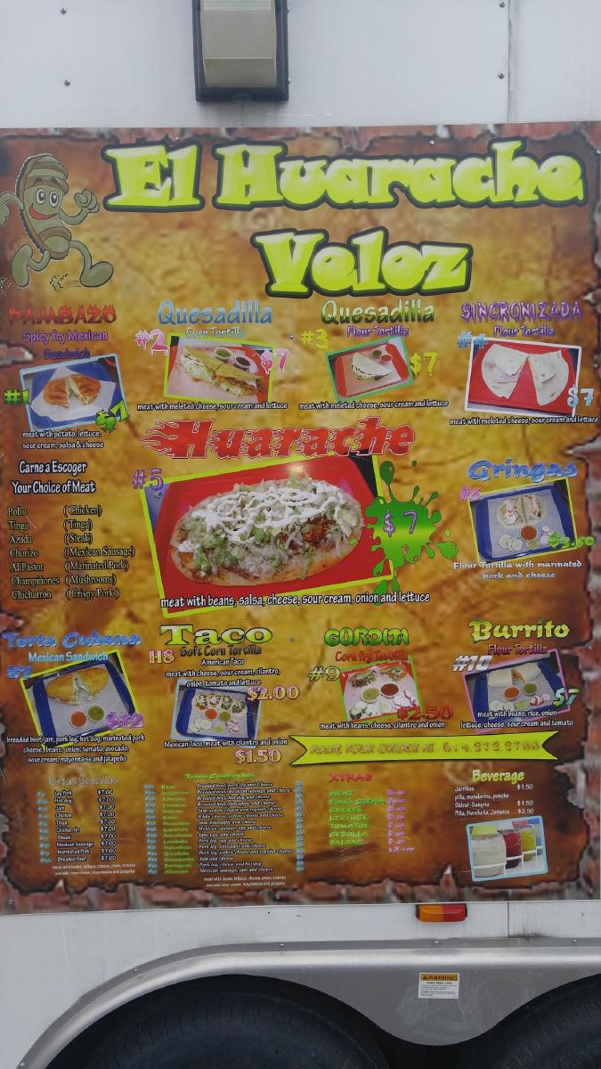 Menu at El Huarache Veloz Taco Stand restaurant, Columbus, W Broad St