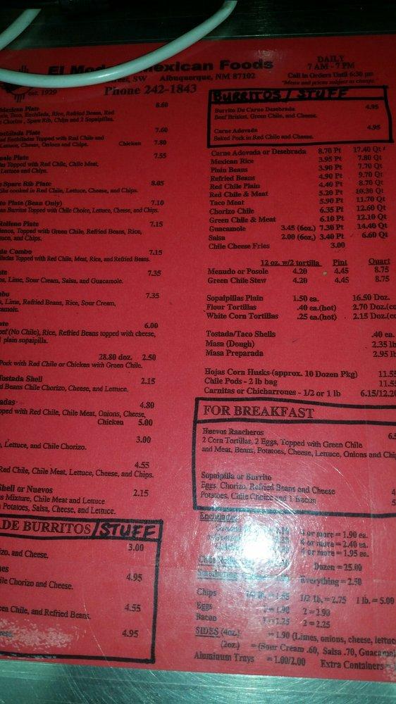 Menu at El Modelo Mexican Foods restaurant, Albuquerque