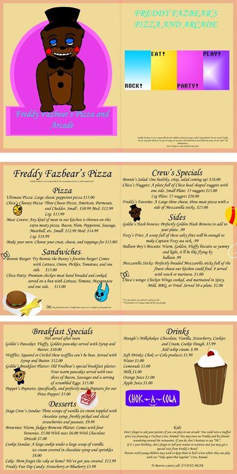 Carta de pizzería Freddy's Fazbear Pizza Washington MI, Nueva York