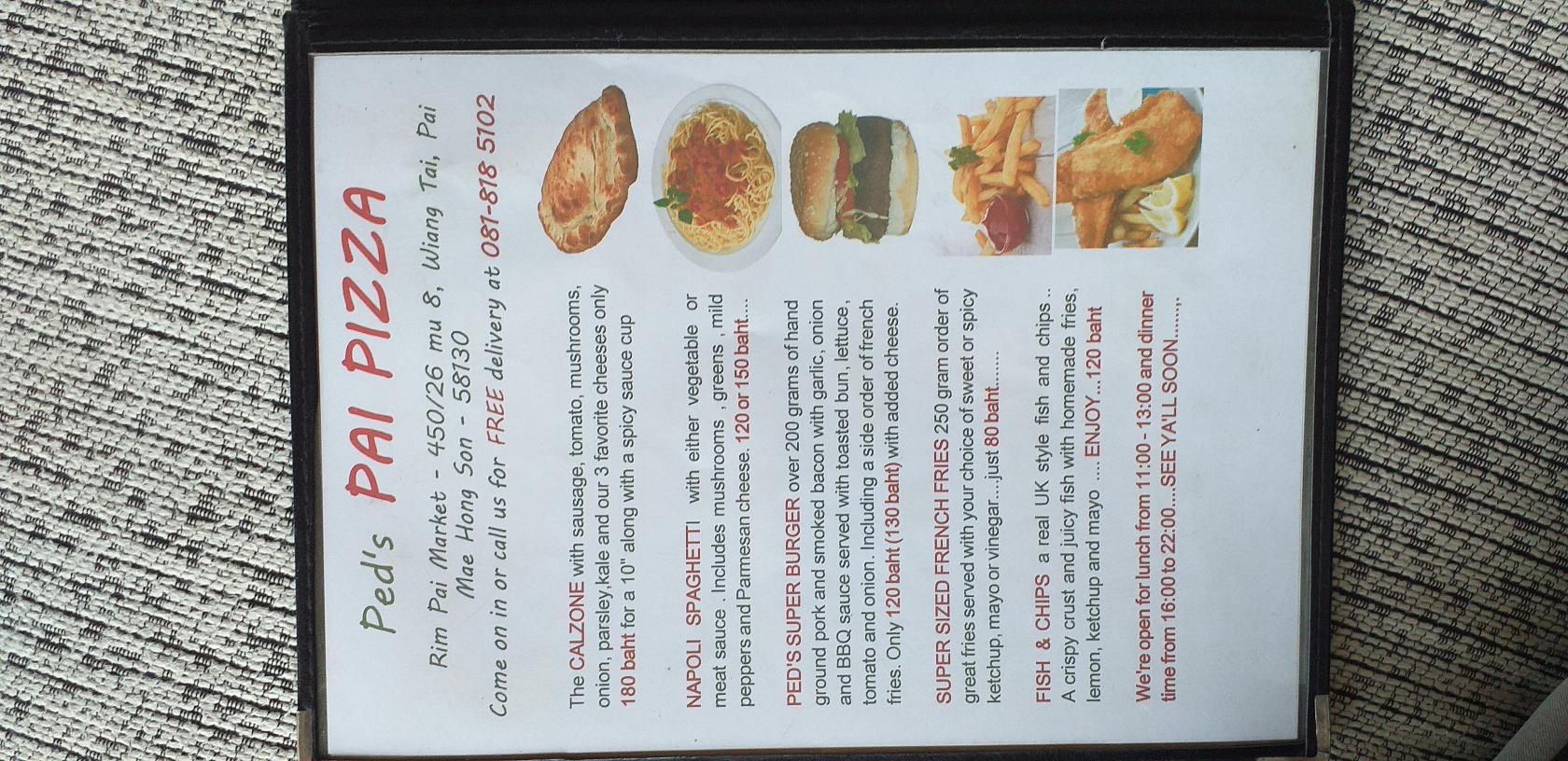 Menu at Ped's Pai Pizza restaurant, Pai