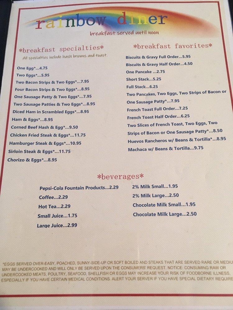Menu at Rainbow Diner cafe, Kingman