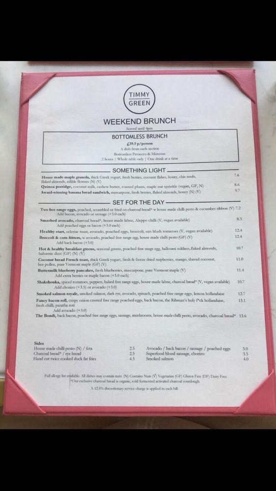 Menu at Timmy Green pub & bar, London