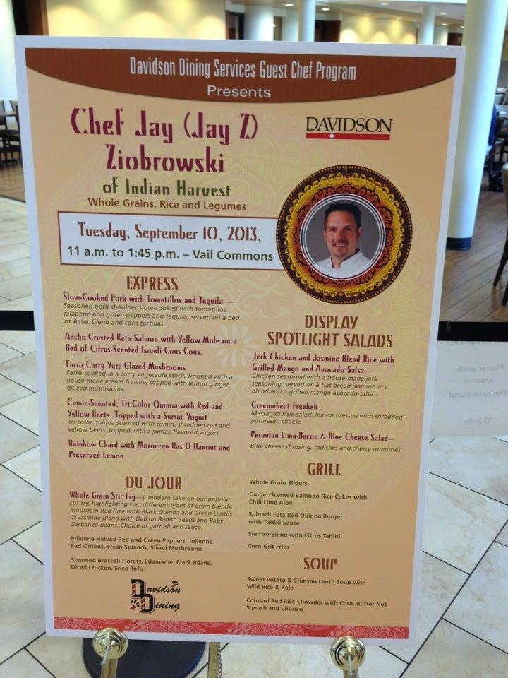 Menu at Vail commons cafeteria, Davidson