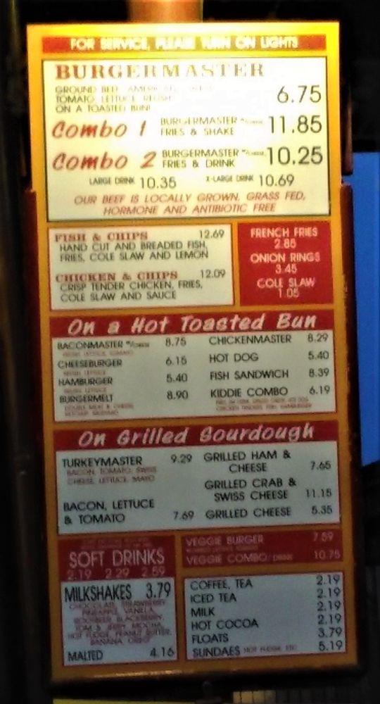 Menu at Burgermaster restaurant, Seattle, Aurora Ave N