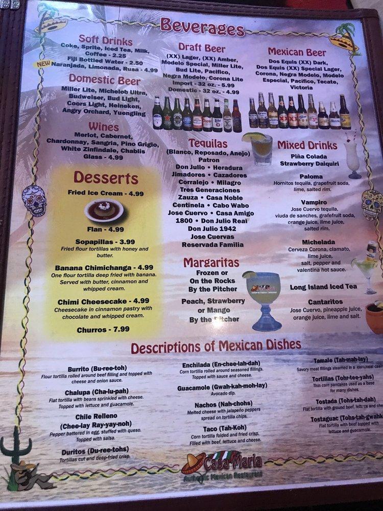 Menu at Casa Maria restaurant, Jacksonville Beach, 3rd St S