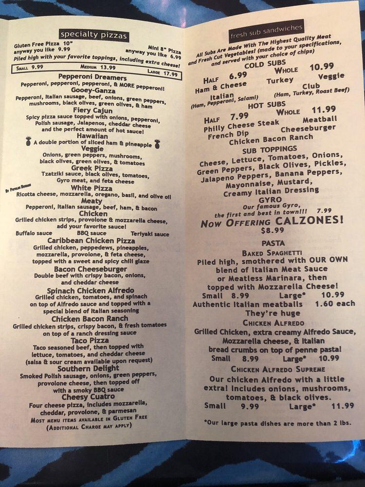 Menu at Gooey's Pizza pizzeria, Jesup, US-84