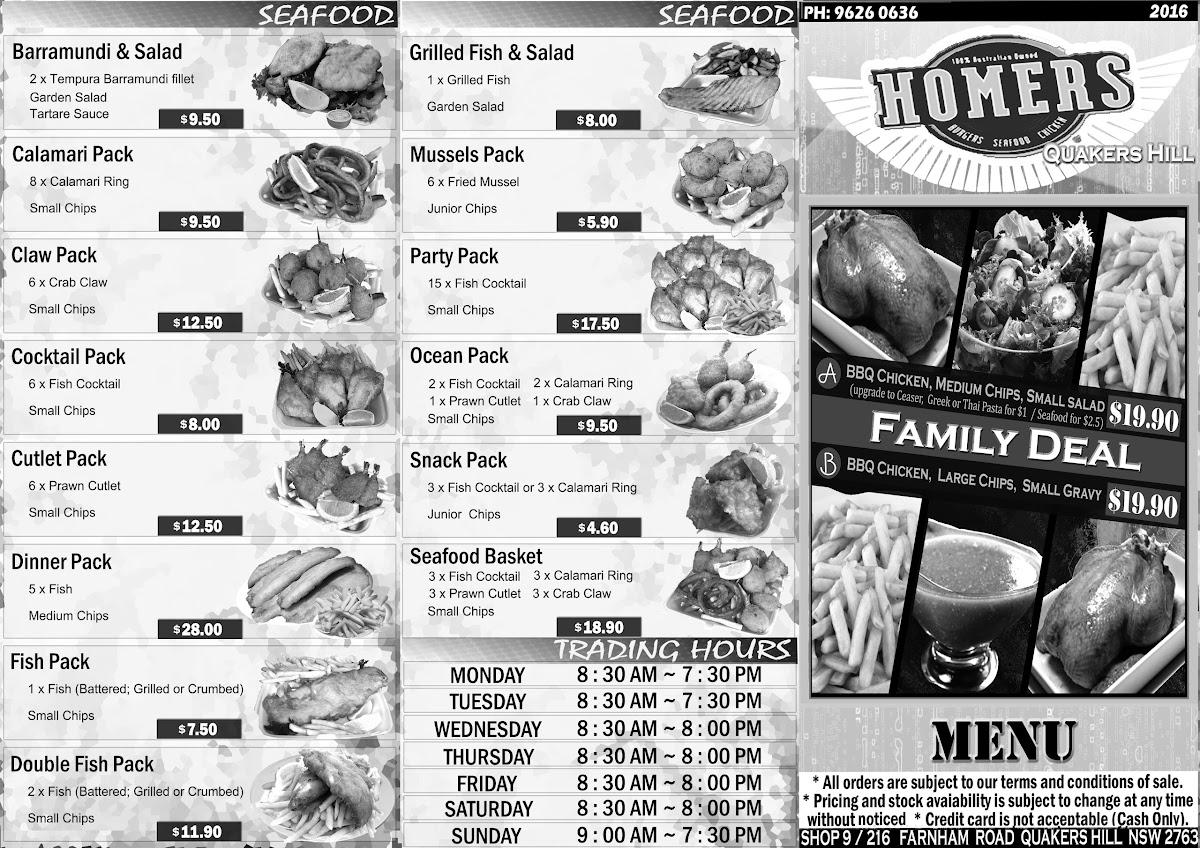 Menu at Homers Quakers Hill fast food, Quakers Hill
