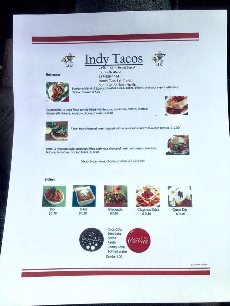 Menu at Indy Tacos restaurant, Indianapolis