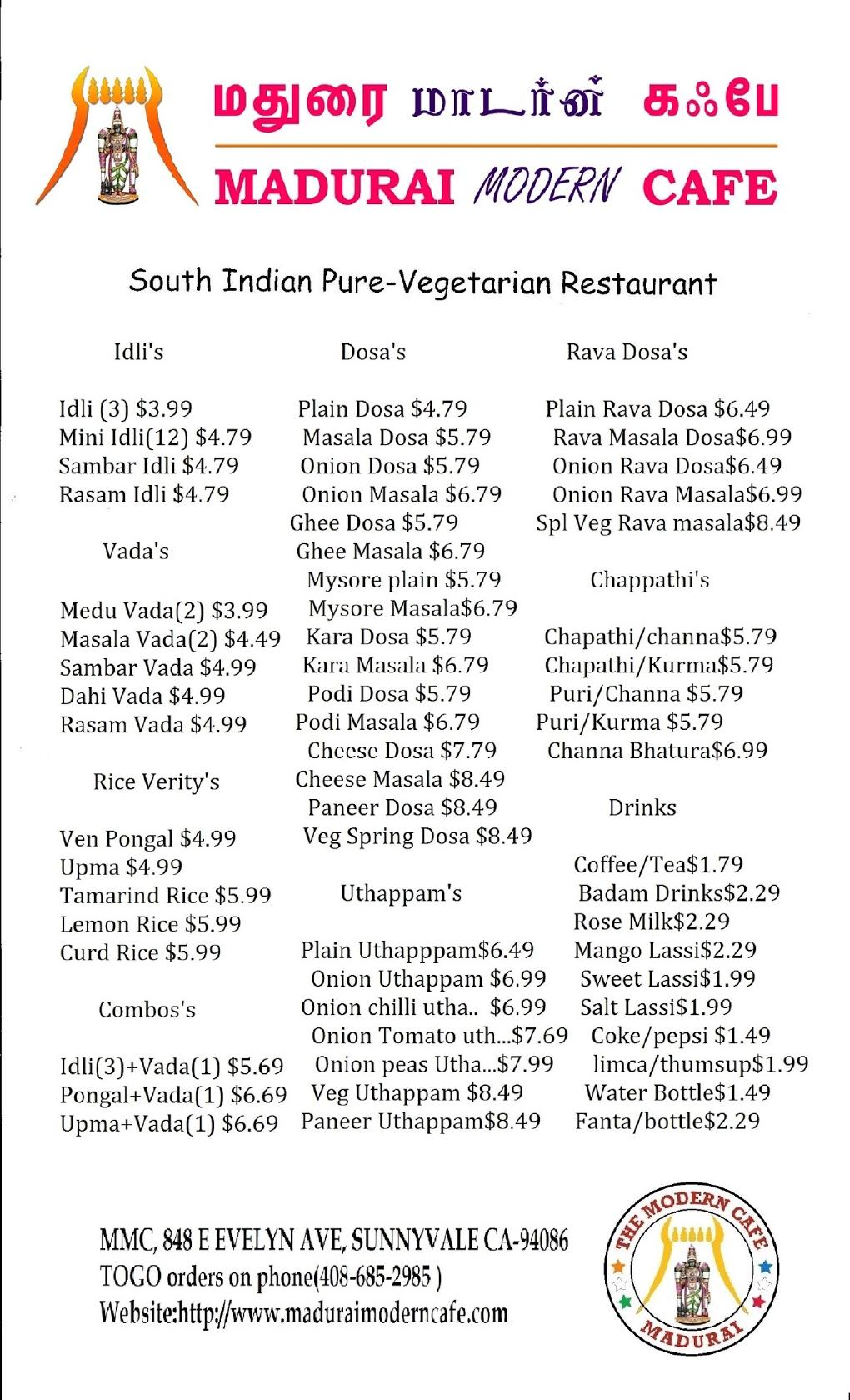 Menu at Madurai Modern Cafe, Sunnyvale