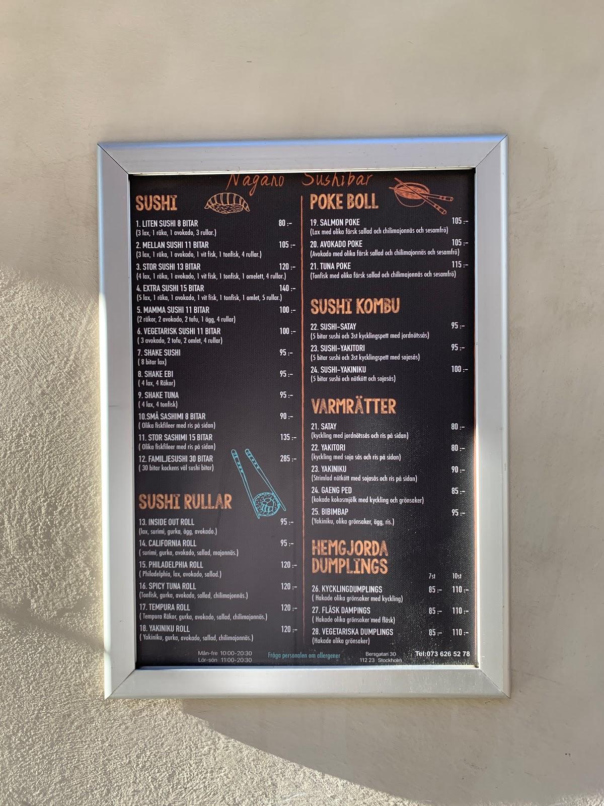 Menu at Nagano restaurant, Stockholm