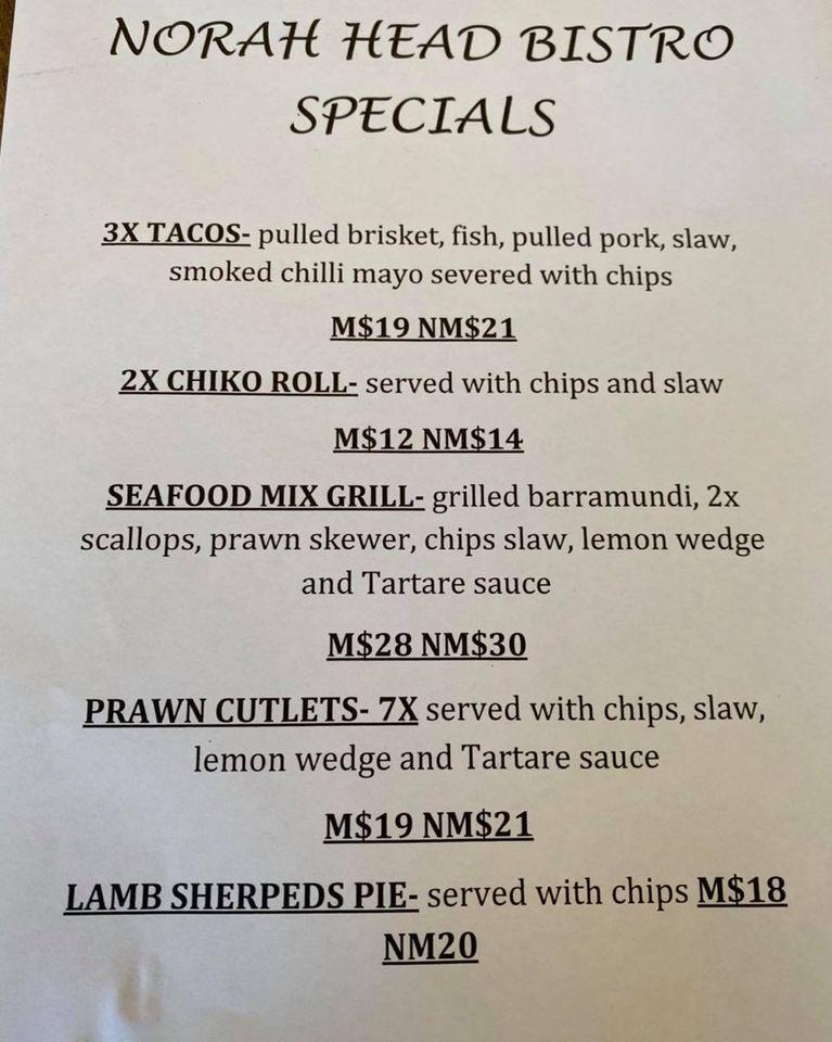 Menu at Norah Head Sporties restaurant, Norah Head