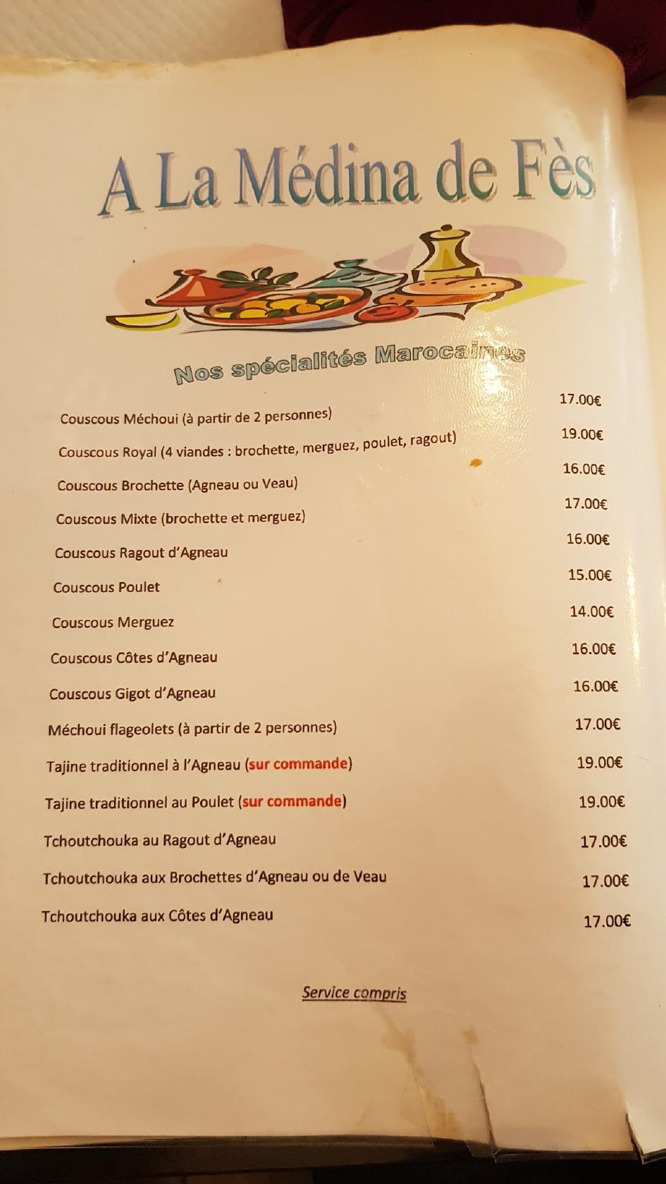 Menu au La Medina de Fès restaurant, Maizières-lès-Metz