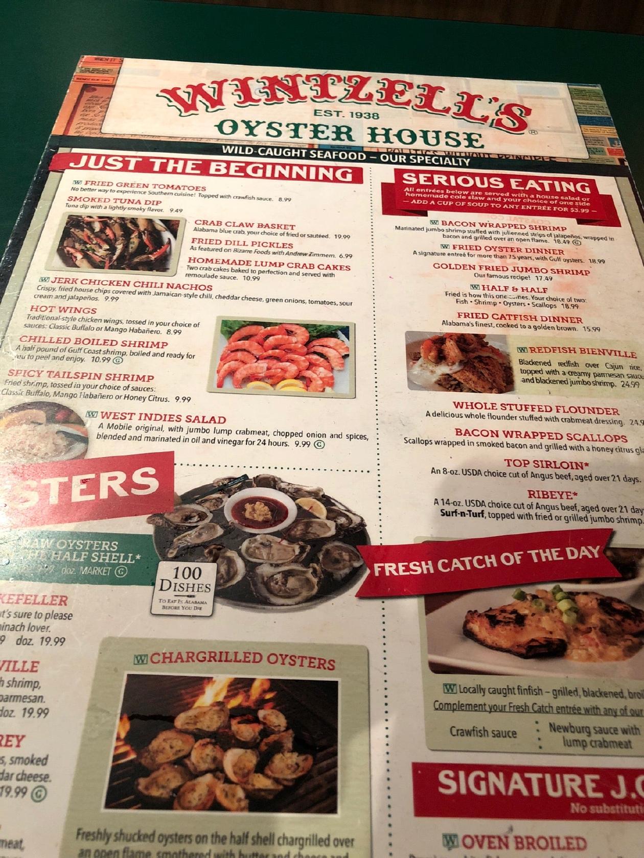 Menu at Wintzell's Oyster House restaurant, Mobile, 605 Dauphin St