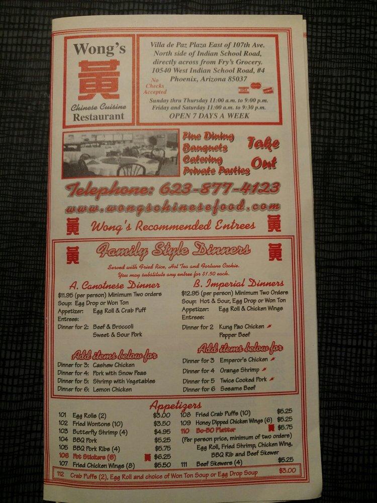 Menu at Wong's Restaurant, Phoenix