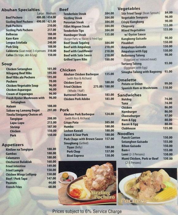 Menu at Abuhan restaurant, Cebu City, F. Ramos Street