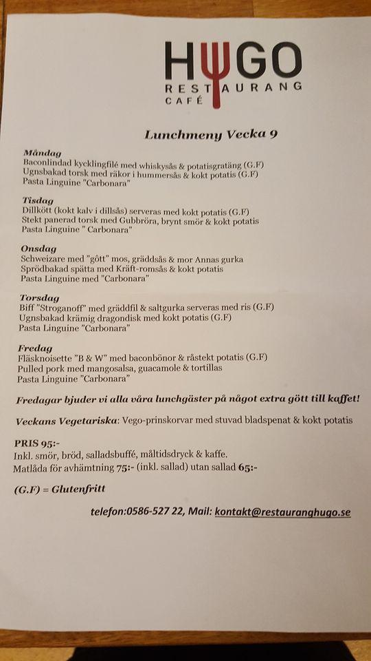 Menu at Hugo Restaurang Café restaurant, Karlskoga