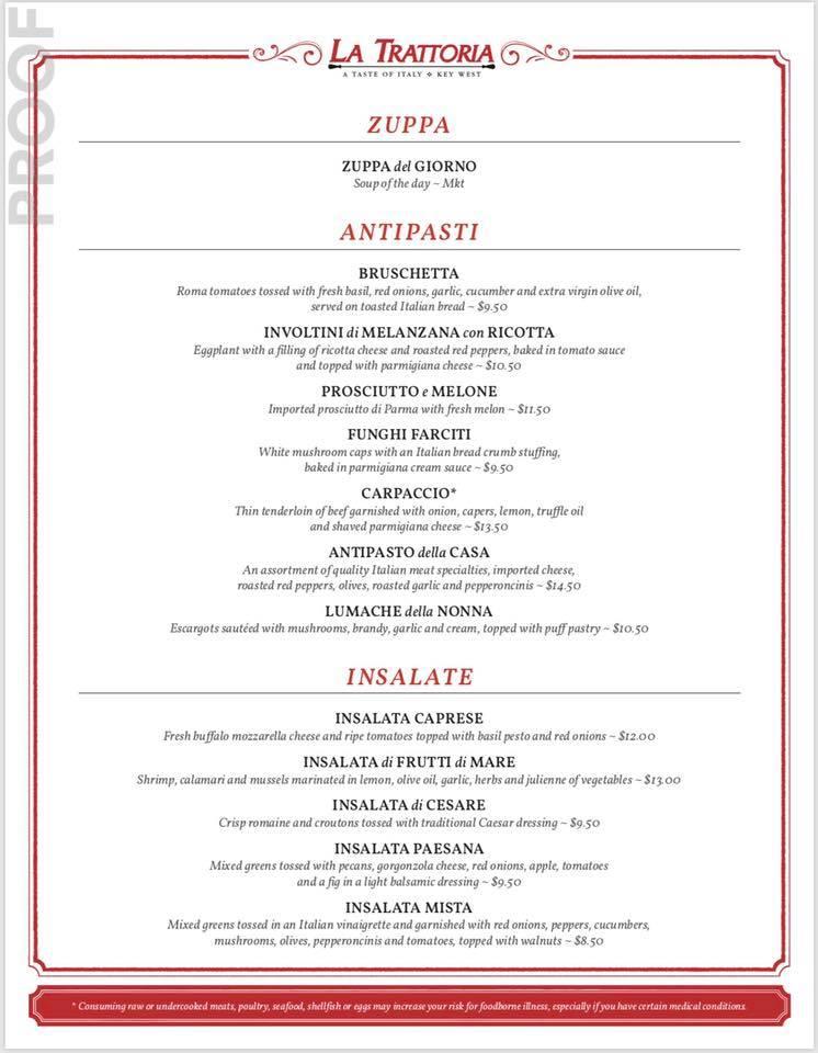 Menu at La Trattoria pub & bar, Key West, 524 Duval St