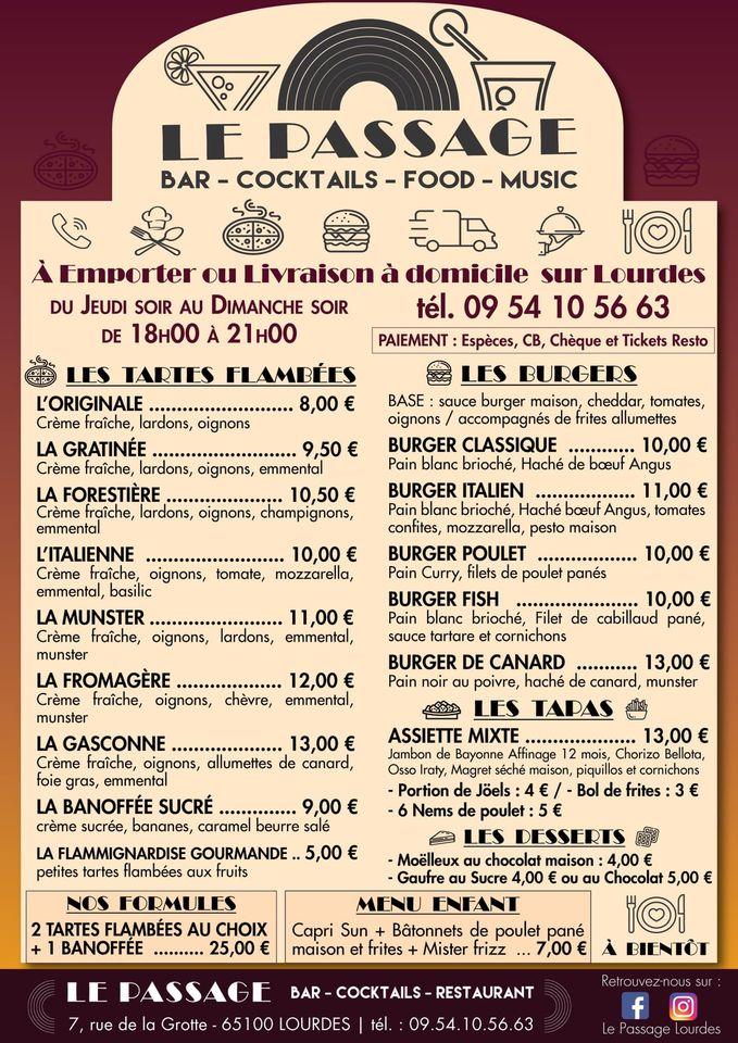 Menu au Le Passage restaurant, Lourdes