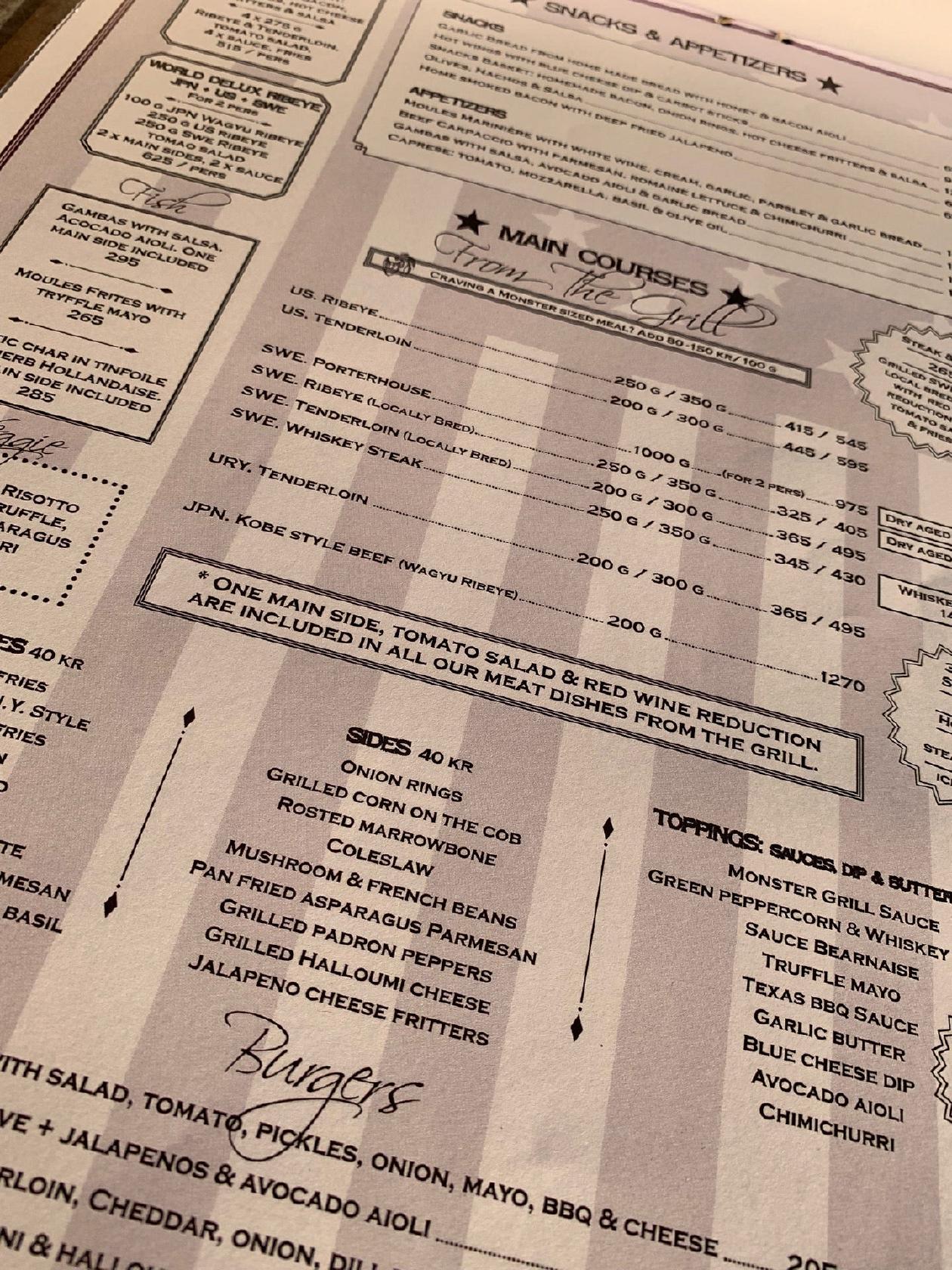 Carta de Monster Bar & Steakhouse, Malmö