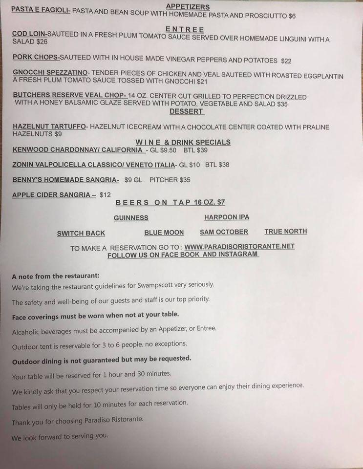 Menu at Paradiso Ristorante restaurant, Swampscott