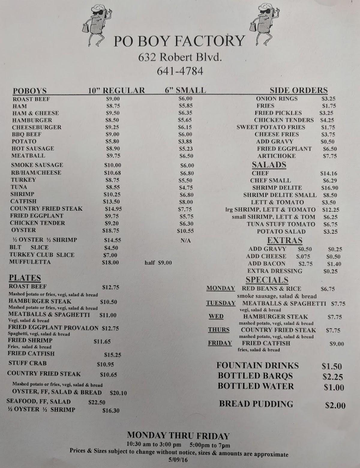 Menu at Southern Boys Po-Boy Factory restaurant, Slidell
