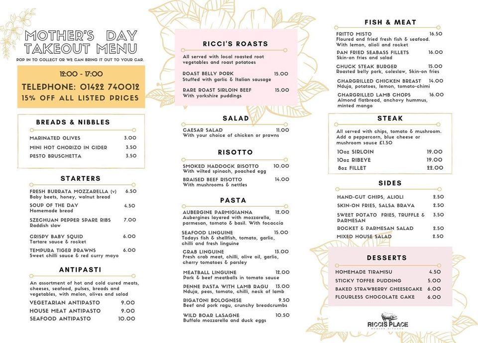 Menu at Ricci’s Place restaurant, Halifax