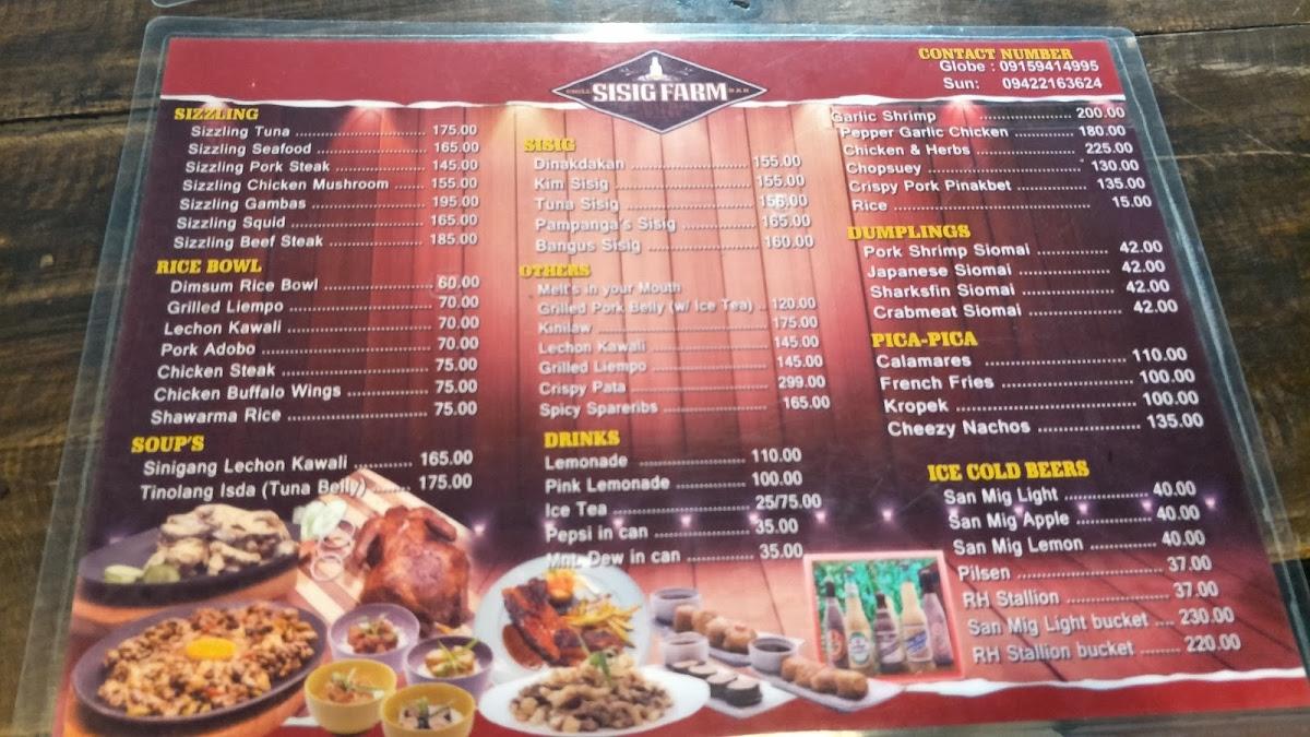 Menu at Sisig Farm restaurant, Kidapawan City