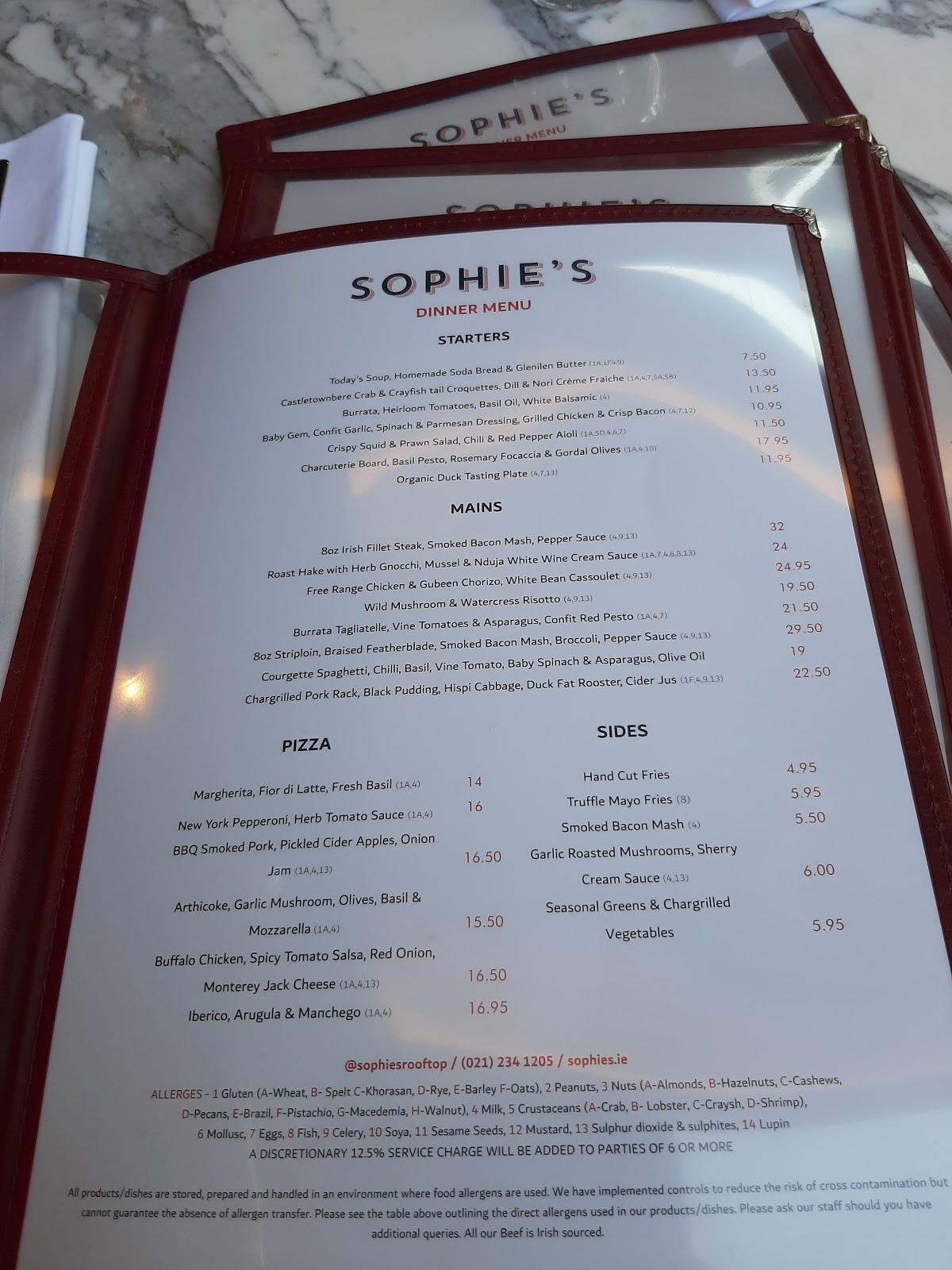 Menu at Sophie's Rooftop Cork restaurant, Cork