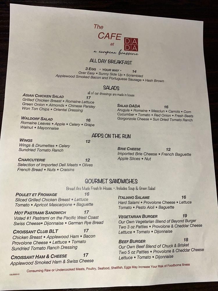 Menu at The Café at DaDa cafe, Honolulu