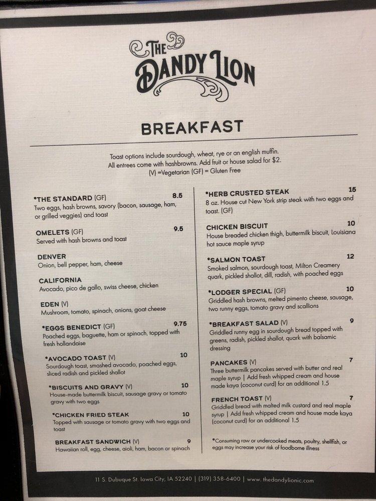 Carta del restaurante The Dandy Lion, Iowa City