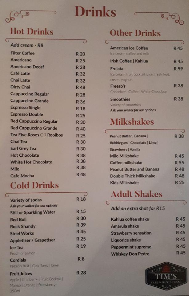 Menu at Tim’s Cafe, Benoni